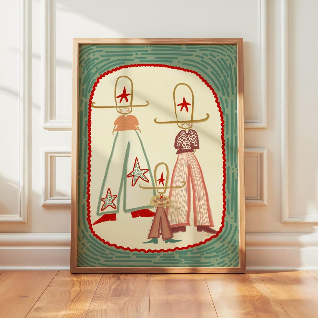 Cowboy Family Art Print, Western Style Illustration, Retro Minimal Line ...