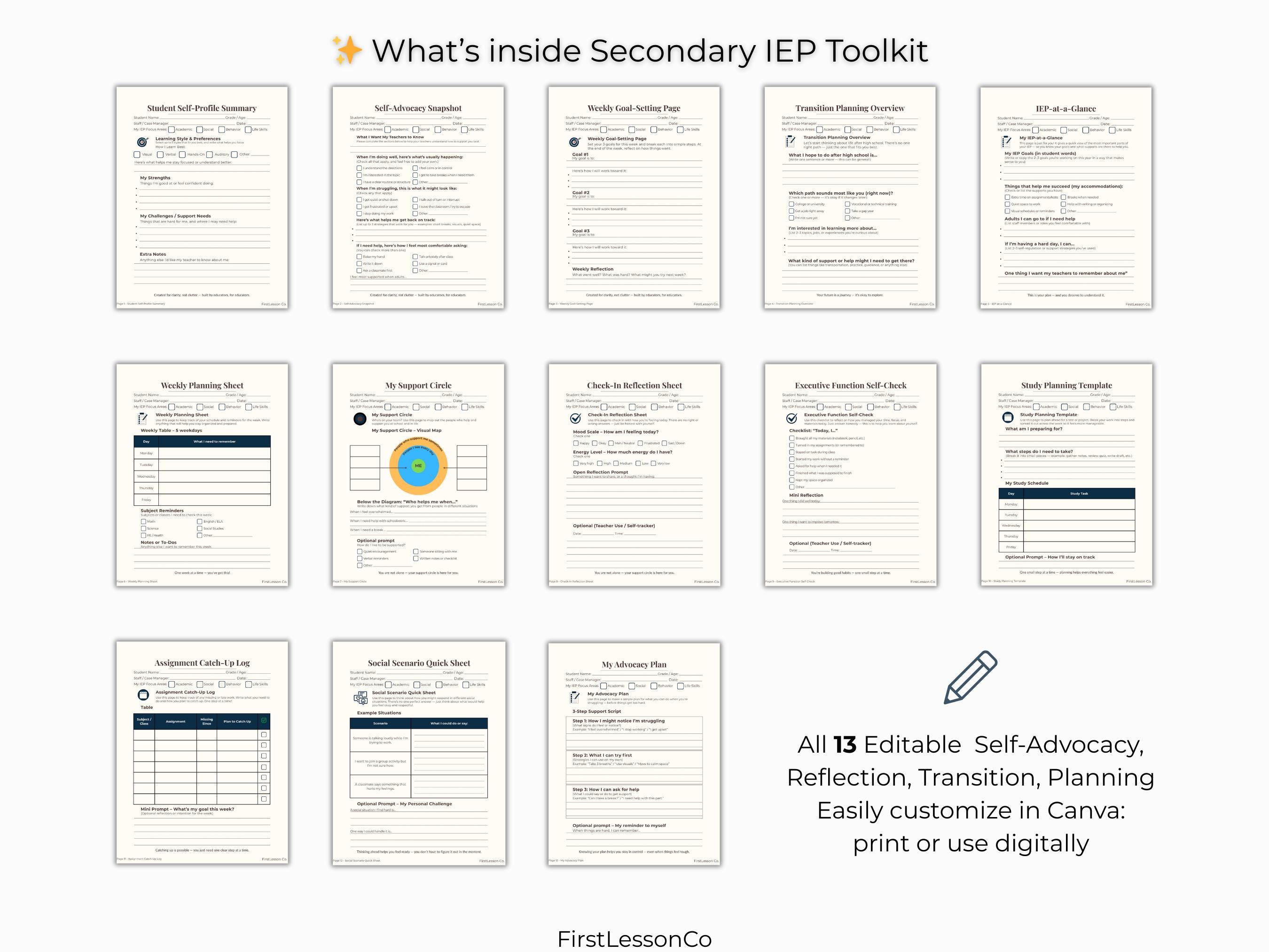 Secondary IEP Toolkit for Teens – 13 Editable Canva Pages | Self ...