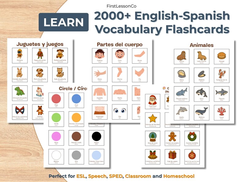 English-spanish Vocabulary Flashcards for Kids | Bilingual ESL Learning ...