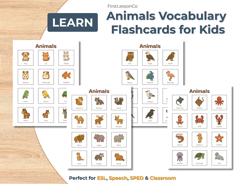 Animals Vocabulary Flashcards for Kids: Classroom, ESL, SPED and ...