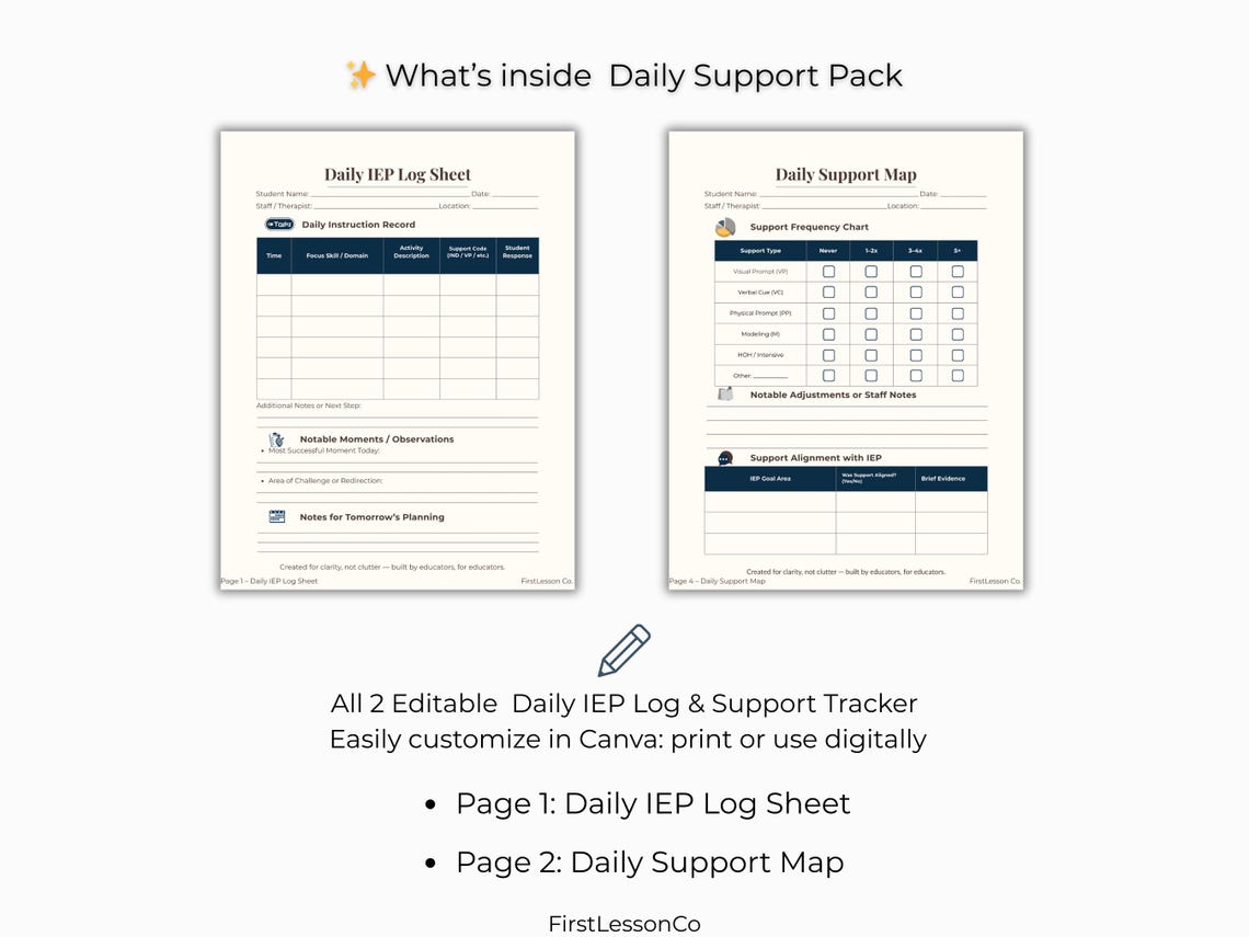 Editable Daily IEP Log: Special Education Support Tracker (printable ...