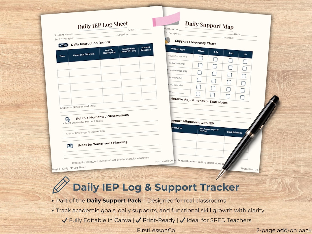 Daily IEP Log & Support Tracker – 2-page Printable Special Ed Form ...