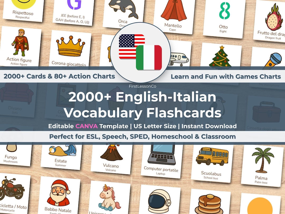 English-italian Vocabulary Flashcards for Kids | Bilingual ESL Learning ...