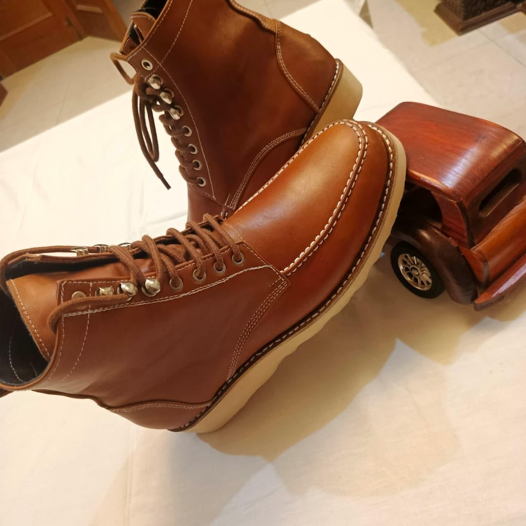 Leather Moc Toe Work Boots: Goodyear Welted, Sheepskin Lined - Etsy