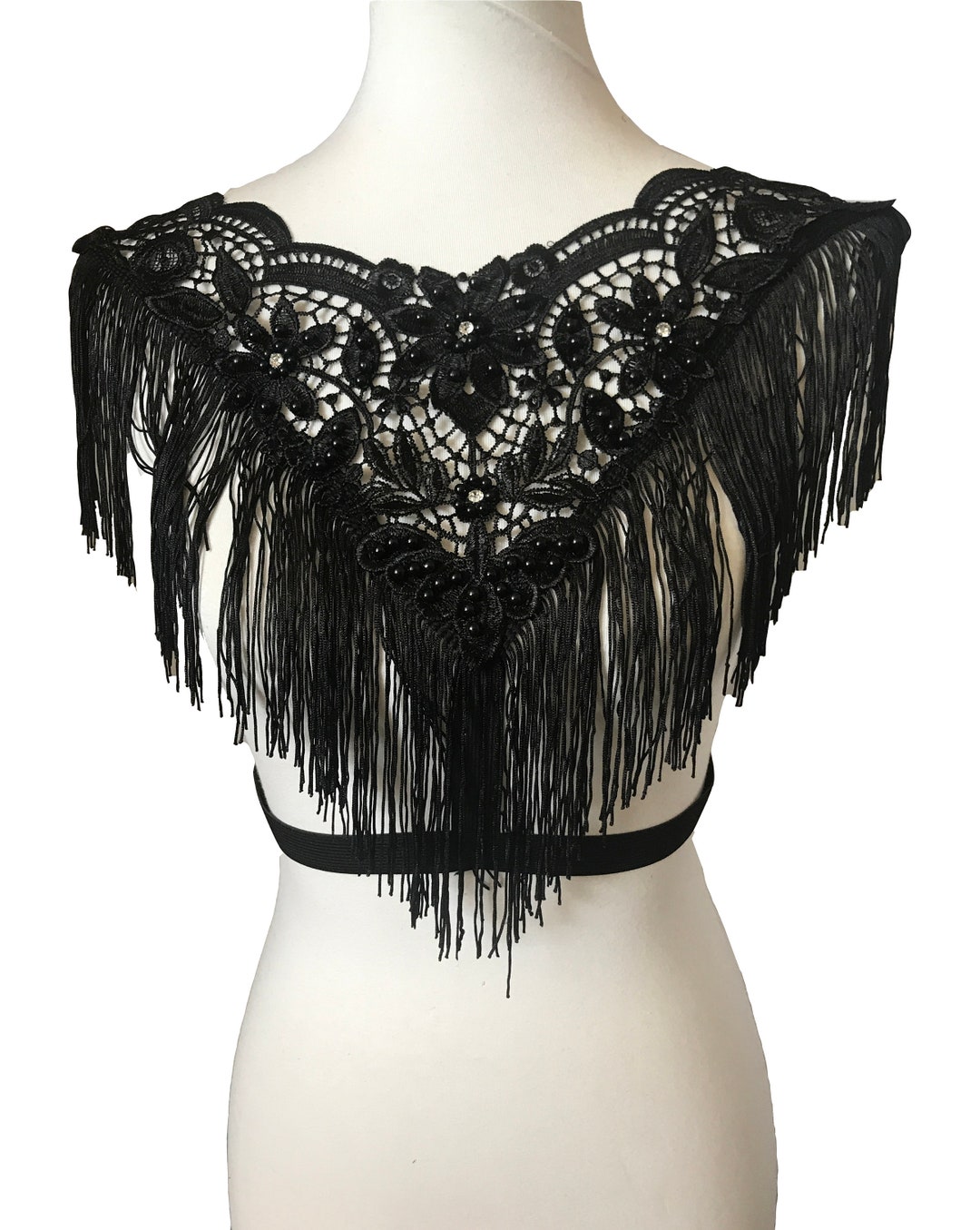 Large Black Fringe Black Lace and Rhinestone Harness Top - Etsy