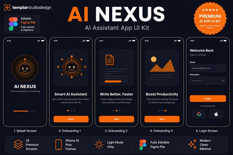 AI Assistant App UI Kit | Dark Mode Figma Mobile Screens (android/ios ...