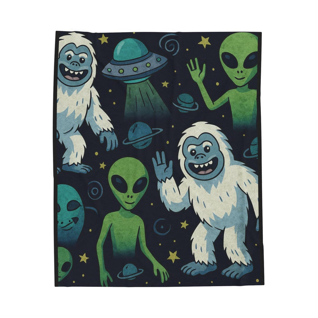 Yeti and Alien Pattern Velveteen Plush Blanket | UFO Space Creatures - Etsy