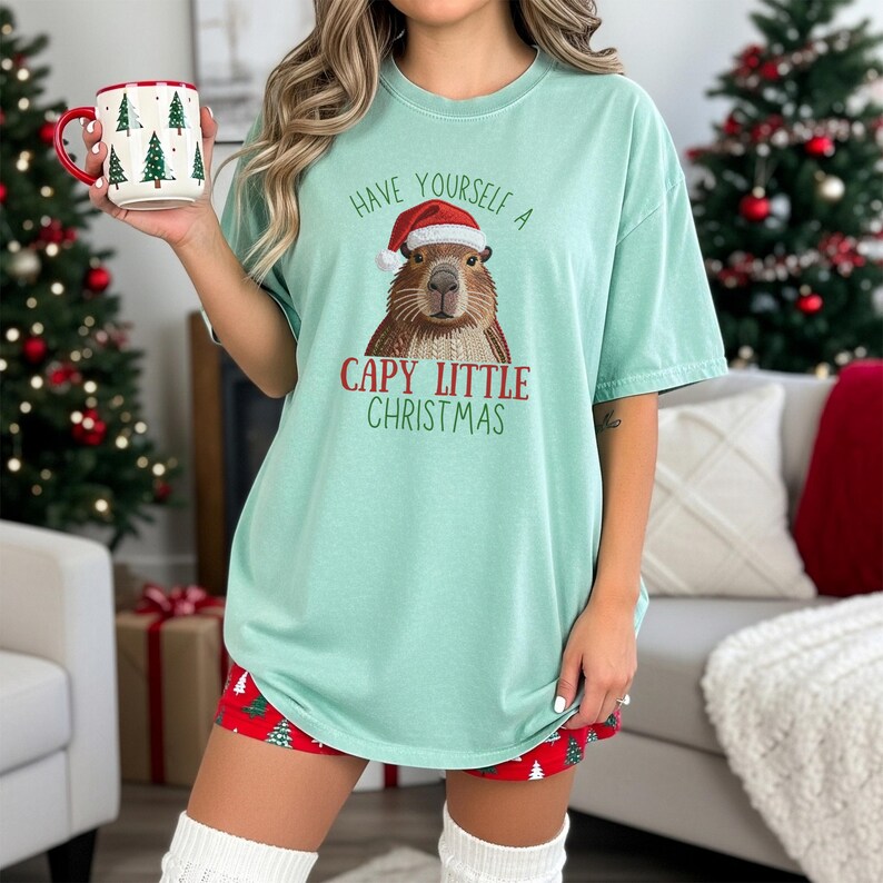 Capybara Christmas Faux Embroidery Unisex Comfort Colors Tee, Couple's ...