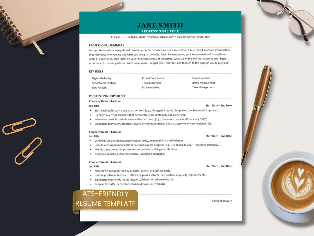 Teal ATS Resume Template Word Google Docs Modern Minimalist CV 1 Page 2 ...