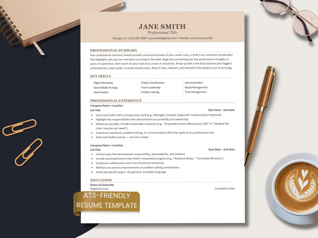 Elegant Beige ATS Resume Template Word Google Docs Feminine Modern CV 1 ...