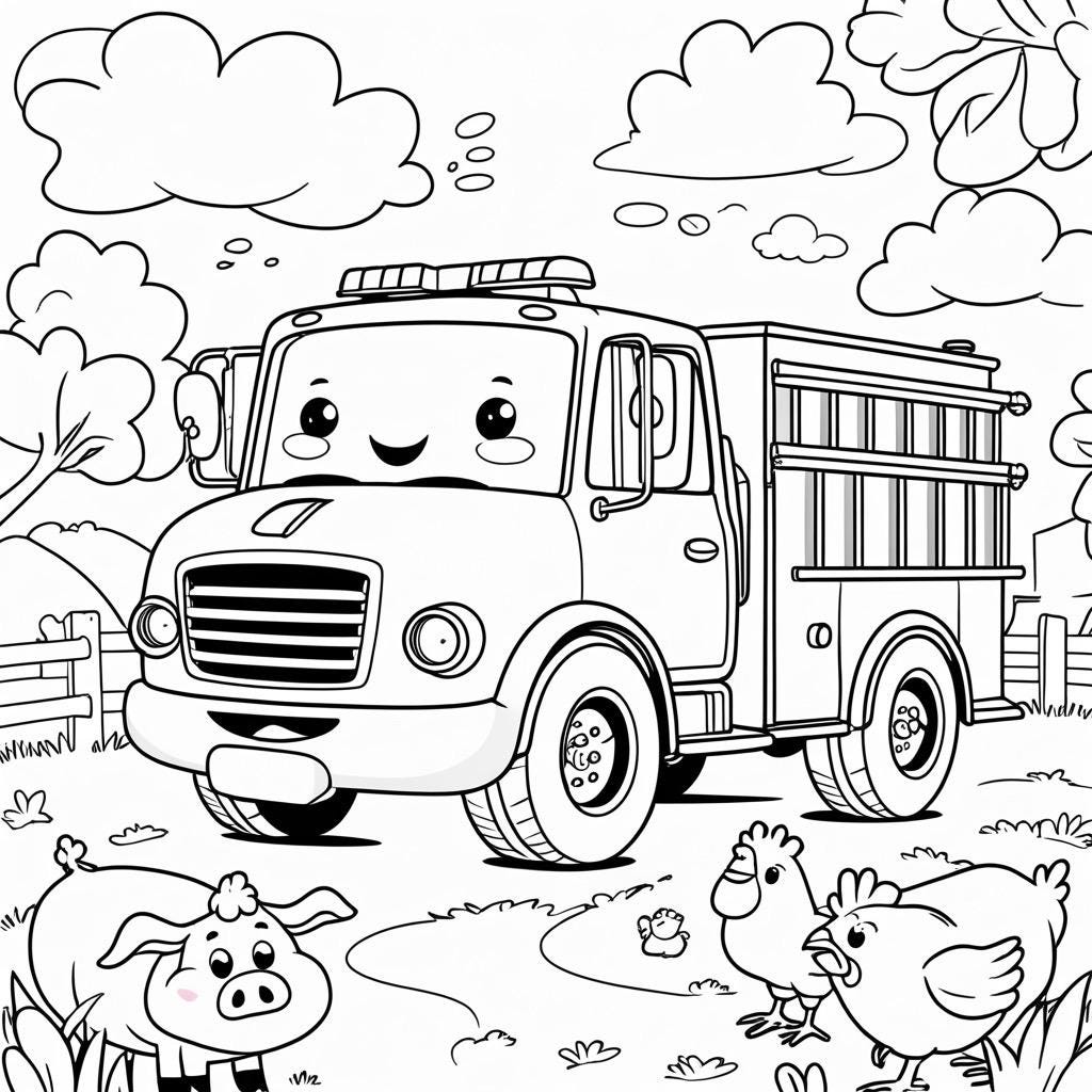Farm Truck Coloring Page – Cute Truck in Yard With Pigs and Chickens ...