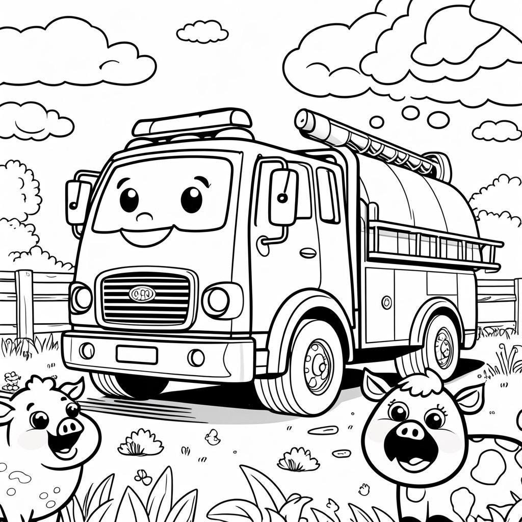 Farm Truck Coloring Page – Cute Truck in Yard With Pigs and Chickens ...