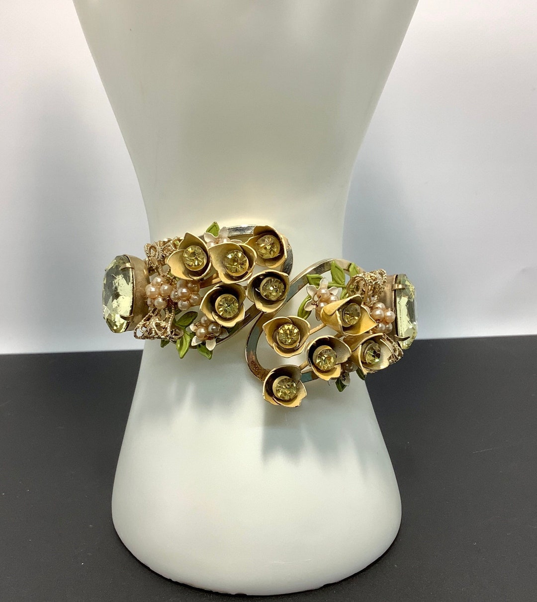 Vintage Yellow Enamel Flower and Faux Pearl Clamper Bracelet With ...