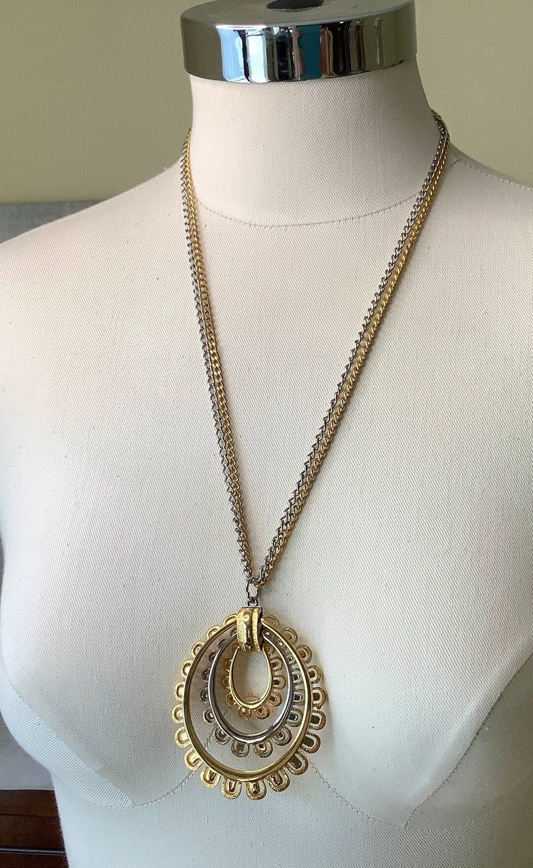 Funky Gold and Silver Scalloped Triple Pendant Necklace - 1960s Vibe ...