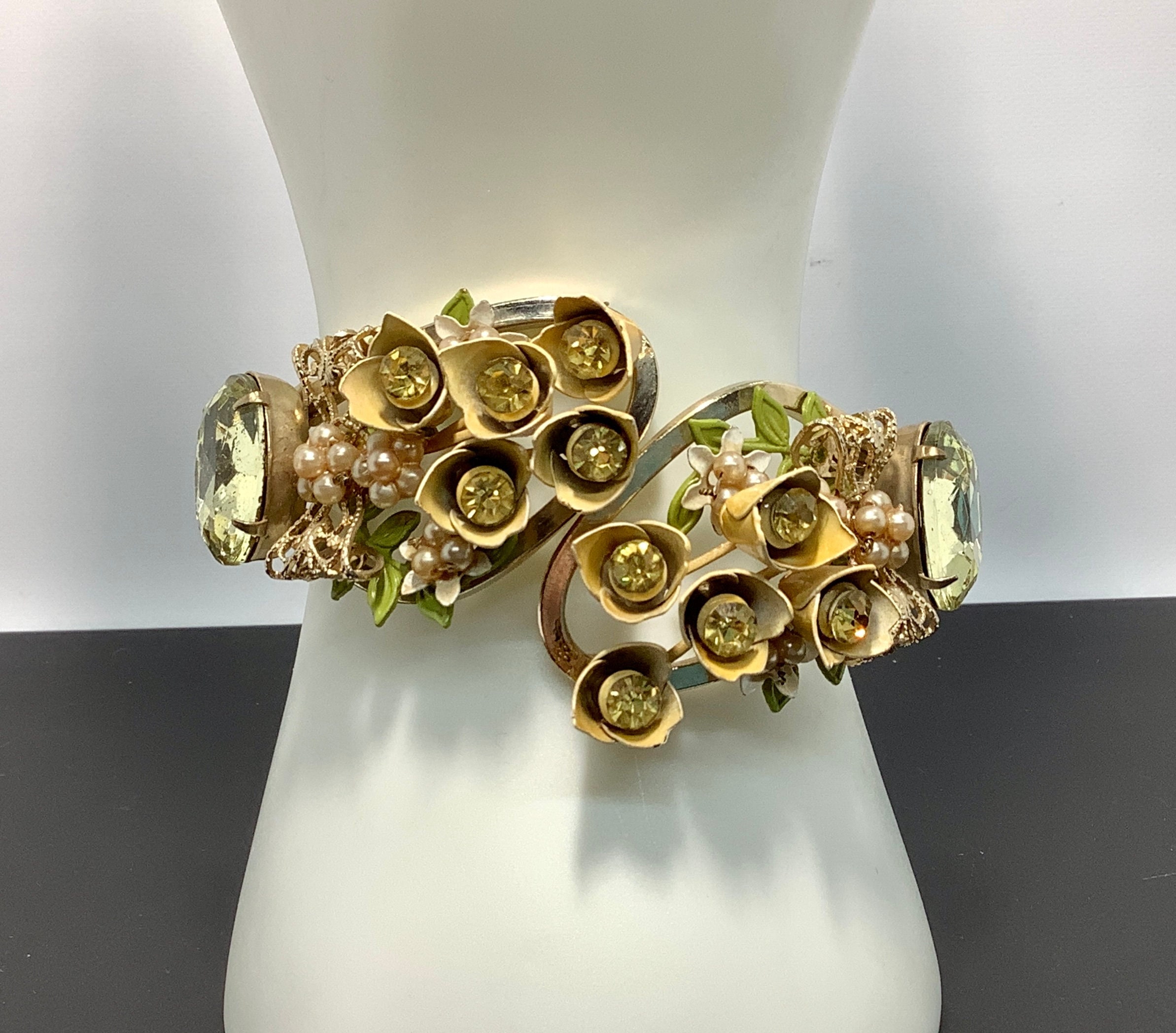 Vintage Yellow Enamel Flower and Faux Pearl Clamper Bracelet - Etsy