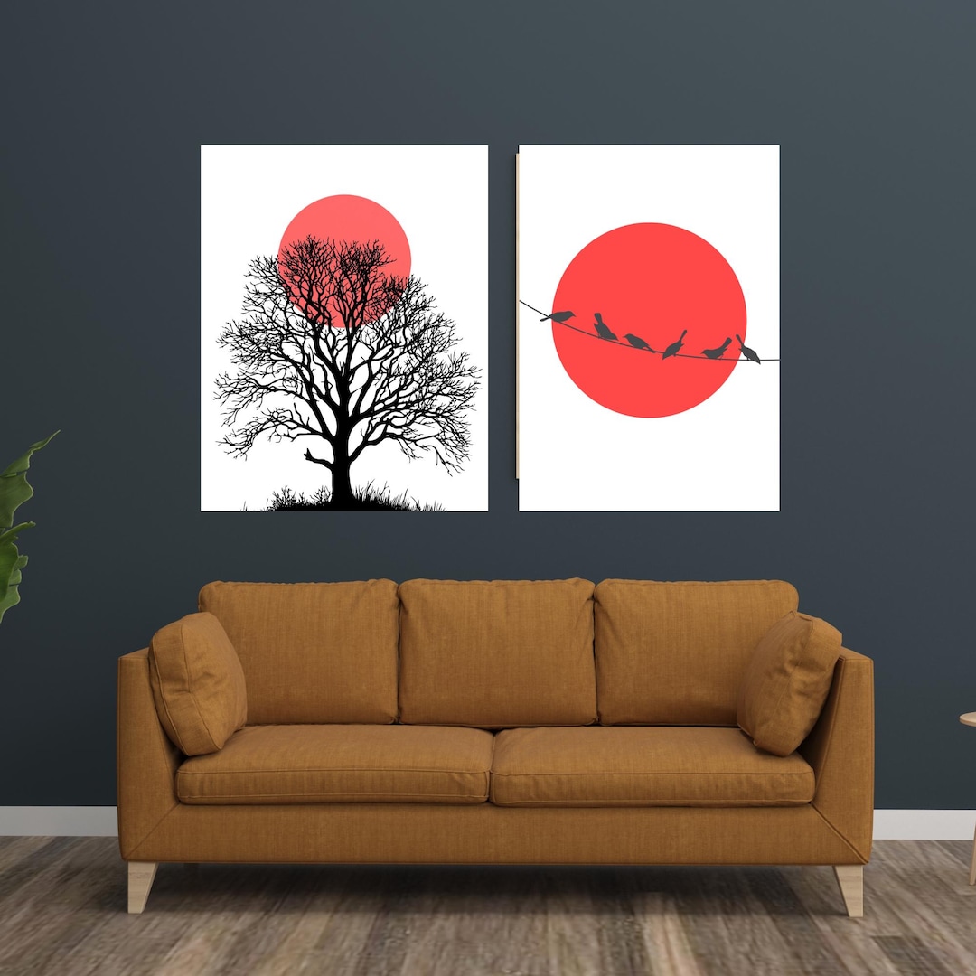 Minimalist Tree Silhouette Wall Art. Red Sun Poster.birds on a Wire ...
