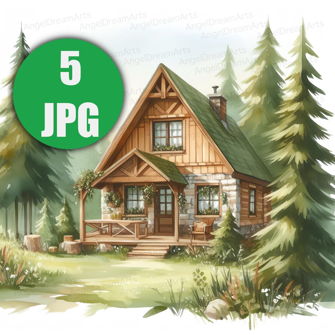 Watercolor Summer Cabin Clipart: Cozy Forest Cottage Illustration (JPG ...