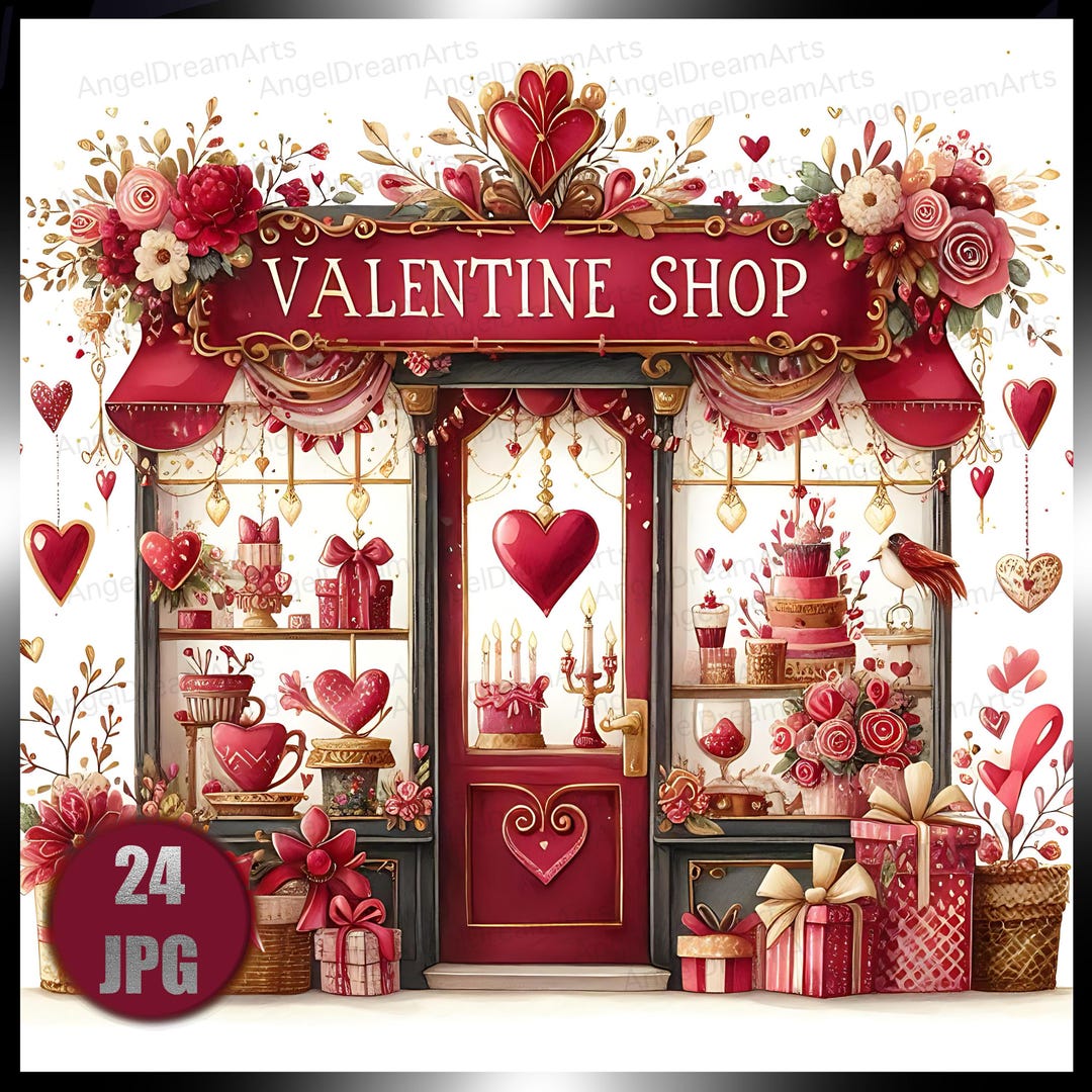 Red Valentine Shop Clipart Bundle, 22 JPG Romantic Storefront, Love ...