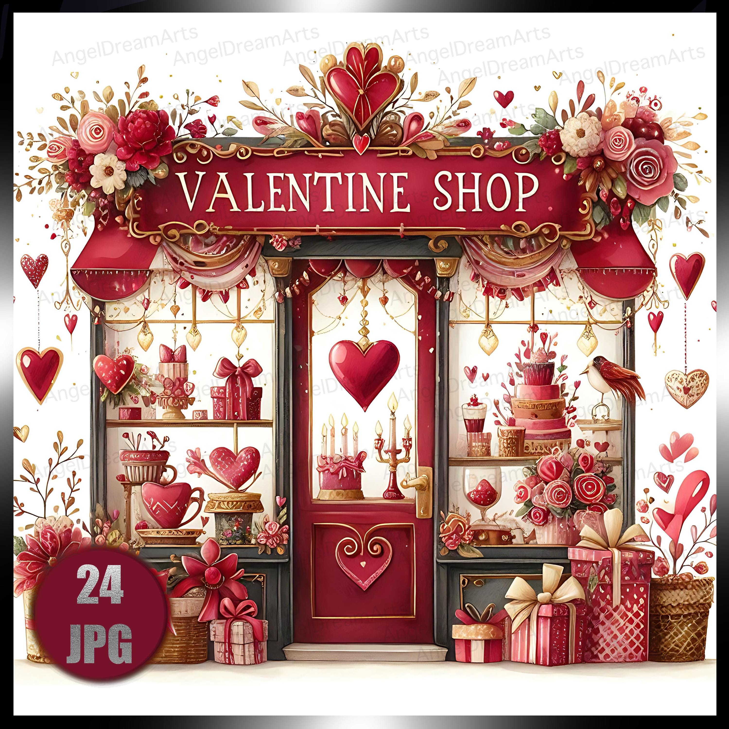 Red Valentine Shop Clipart Bundle, 22 JPG Romantic Storefront, Love ...