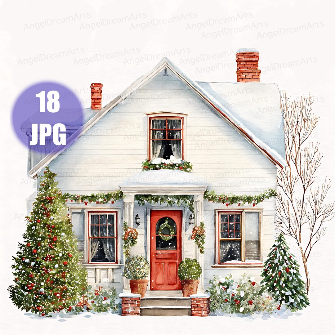 Watercolor Christmas House Clipart Bundle | 18 JPG Cozy Winter Cottage ...