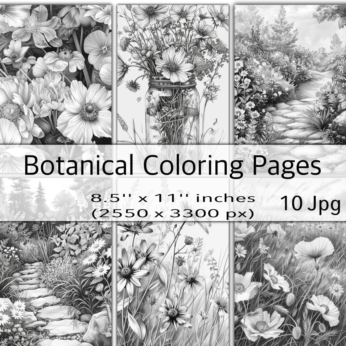 Botanical Coloring Pages: Floral Garden Designs (digital Download 8 ...