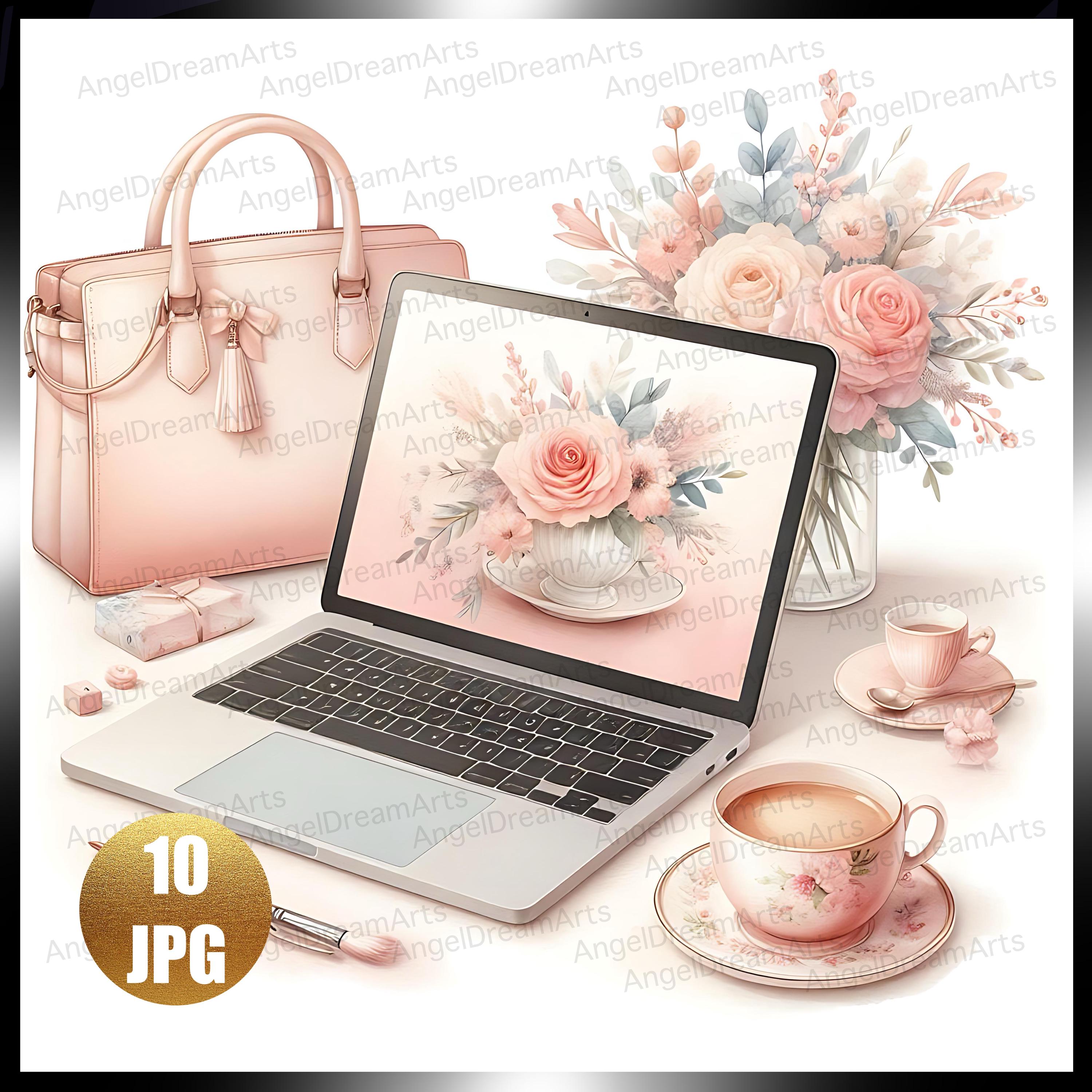 Watercolor Shabby Chic Laptop Clipart Bundle, 10 JPG Cottagecore Desk ...