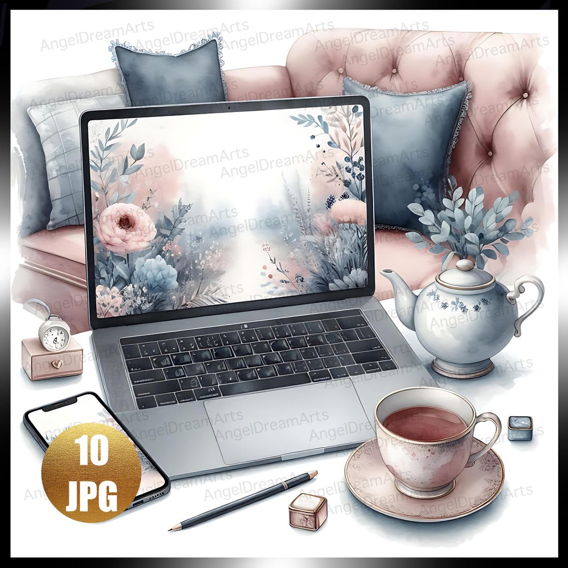Watercolor Shabby Chic Laptop Clipart Bundle, 10 JPG Cottagecore Desk ...