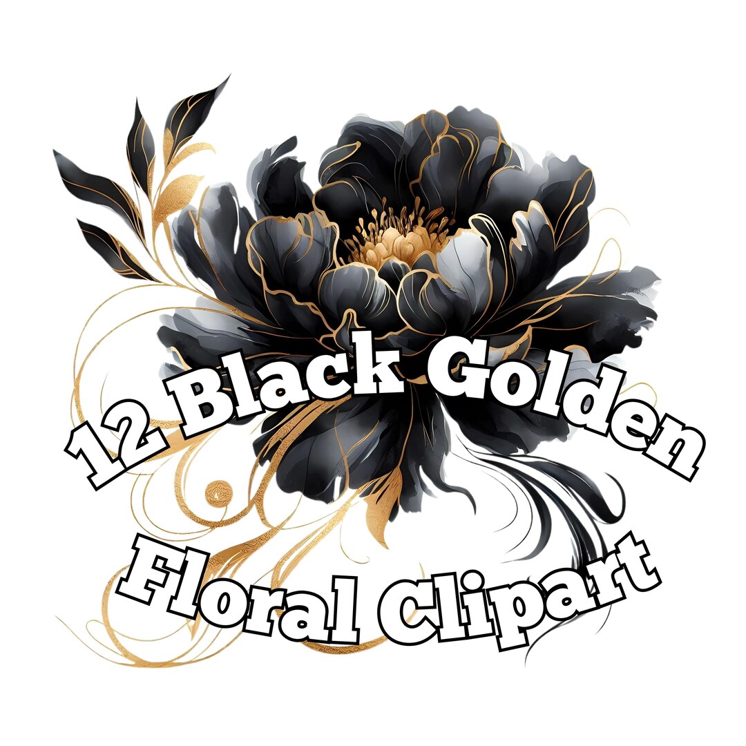 Black and Gold Floral Clipart Bundle: Watercolor Flower PNG Images ...