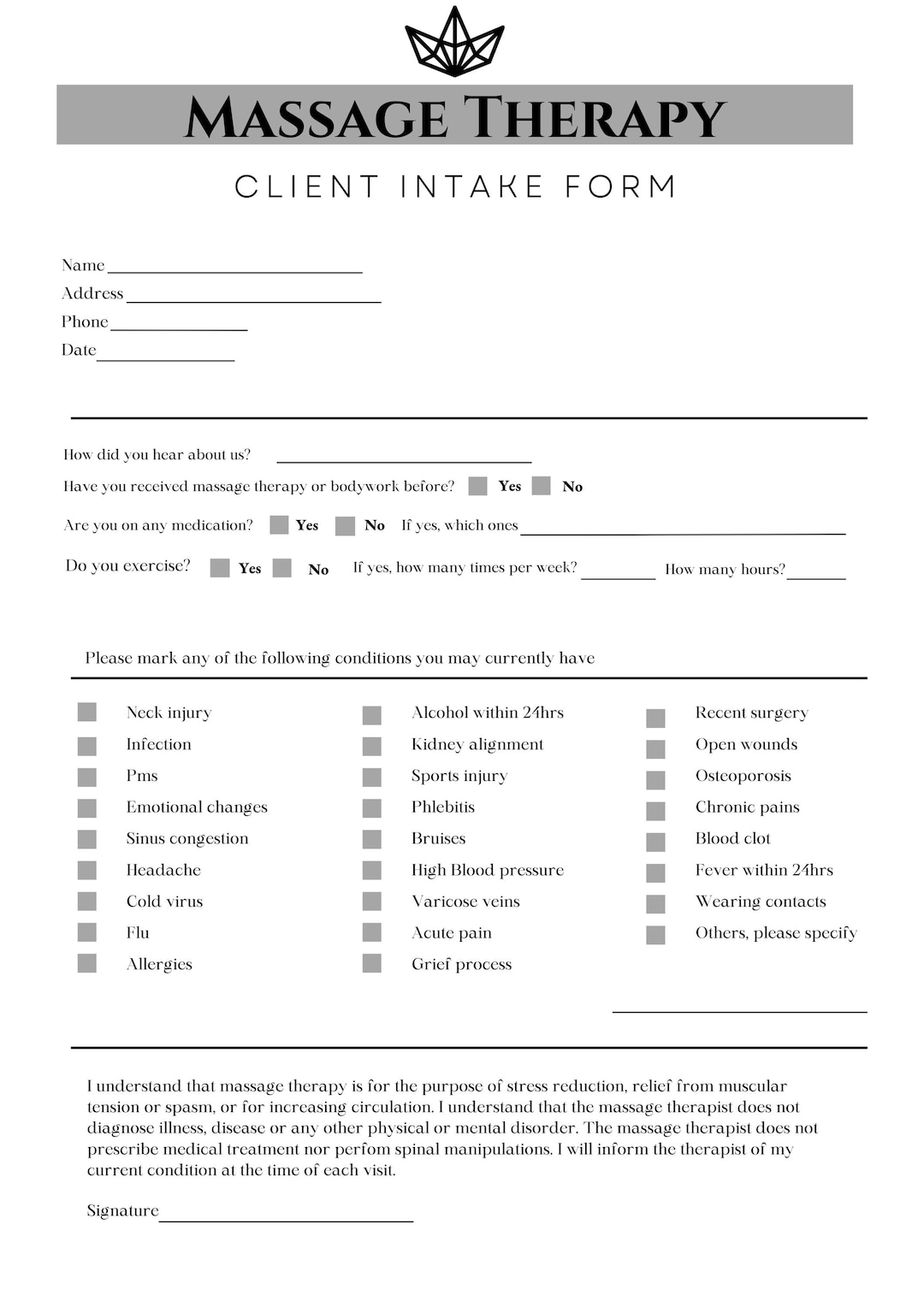 Client Intake Form for Massage Therapy - Etsy