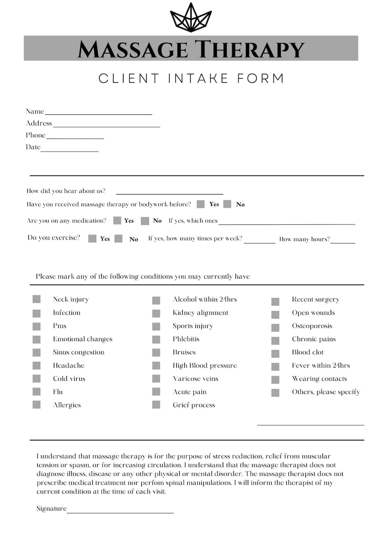 Client Intake Form for Massage Therapy - Etsy