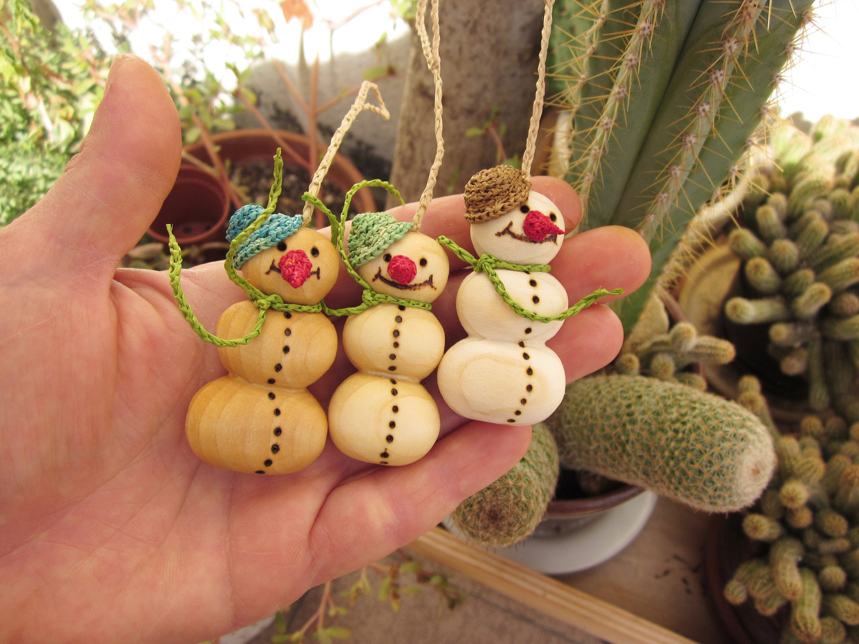 Hand Carved Snowmen, Set of Three Christmas Snowman Ornaments, Wooden ...