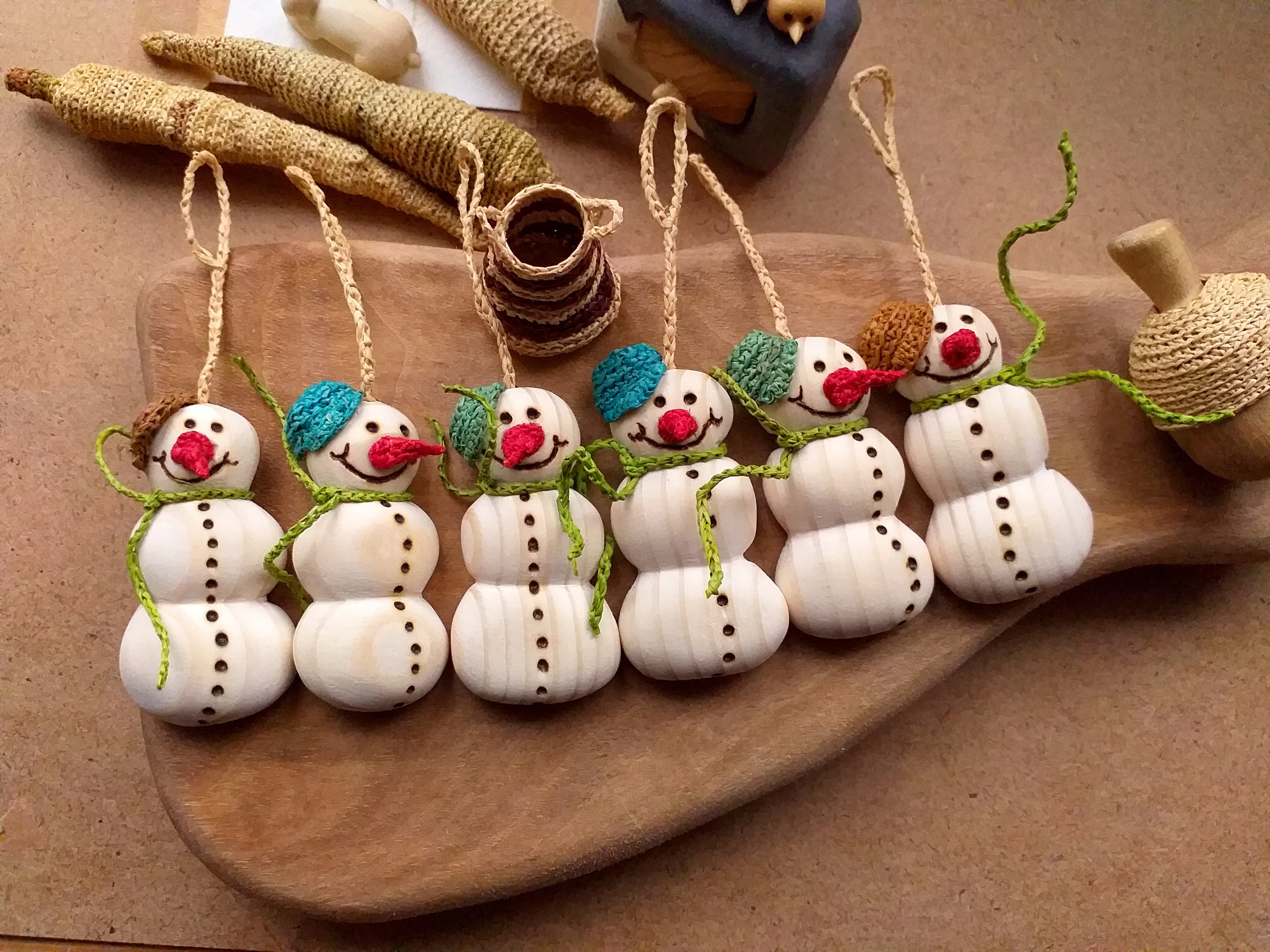 Hand Carved Snowmen, Set of Three Christmas Snowman Ornaments, Wooden ...