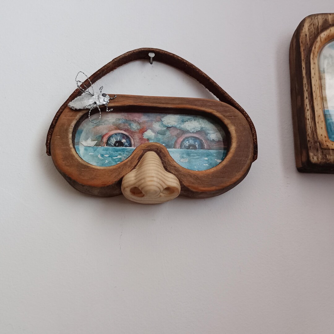Diving Mask Frame With Watercolor Painting, Hand Carved Frame ...