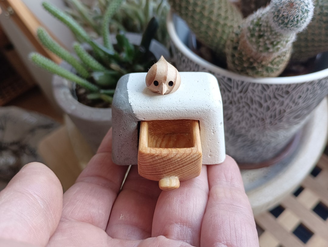 Miniature Concrete Box With Wooden Drawer, Miniature Storage Box ...