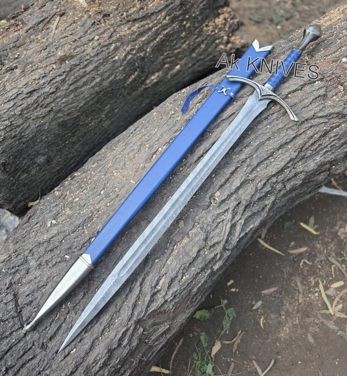 Handmade Damascus Steel Viking Sword: Blue Leather Grip With Scabbard ...