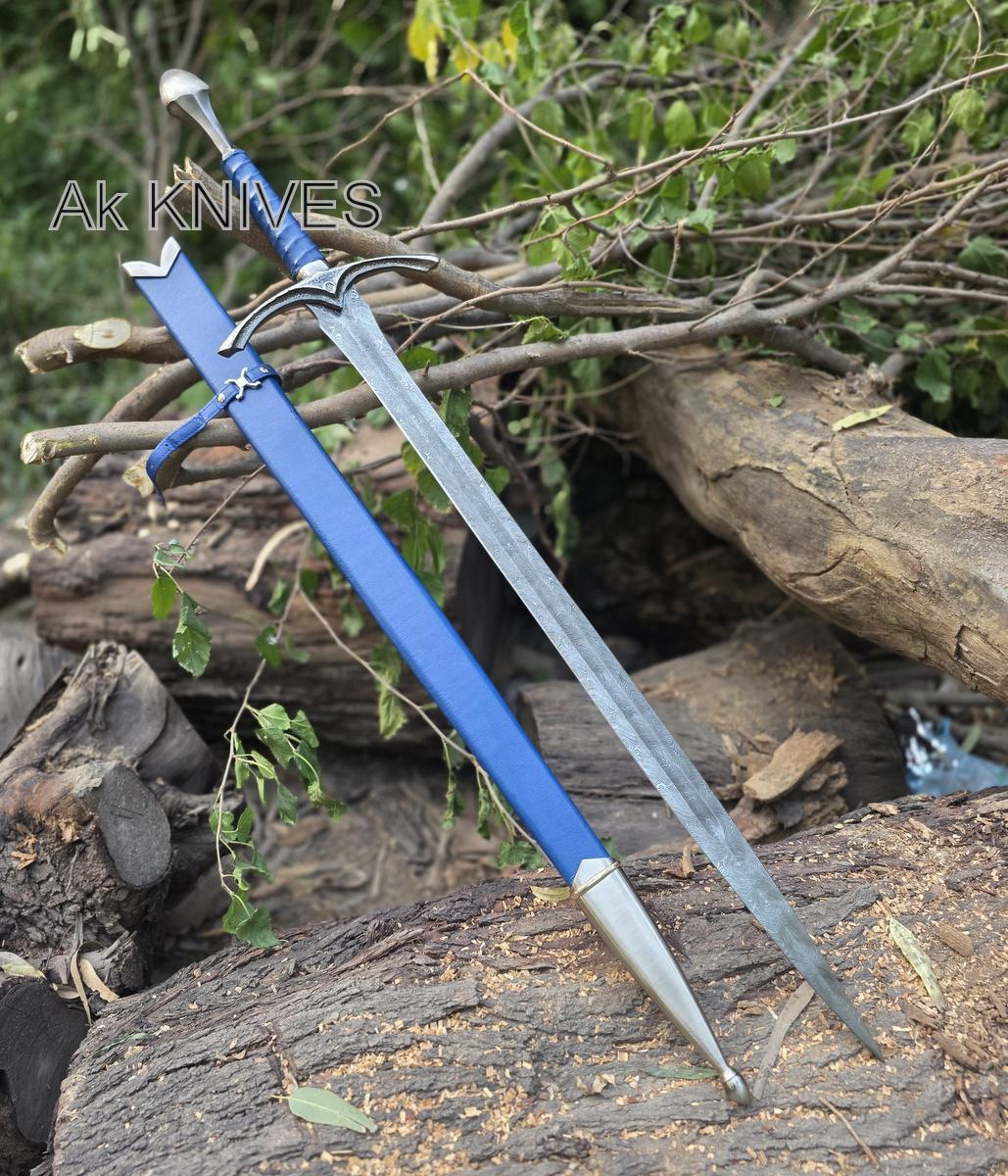 Handmade Damascus Steel Viking Sword: Blue Leather Grip With Scabbard ...