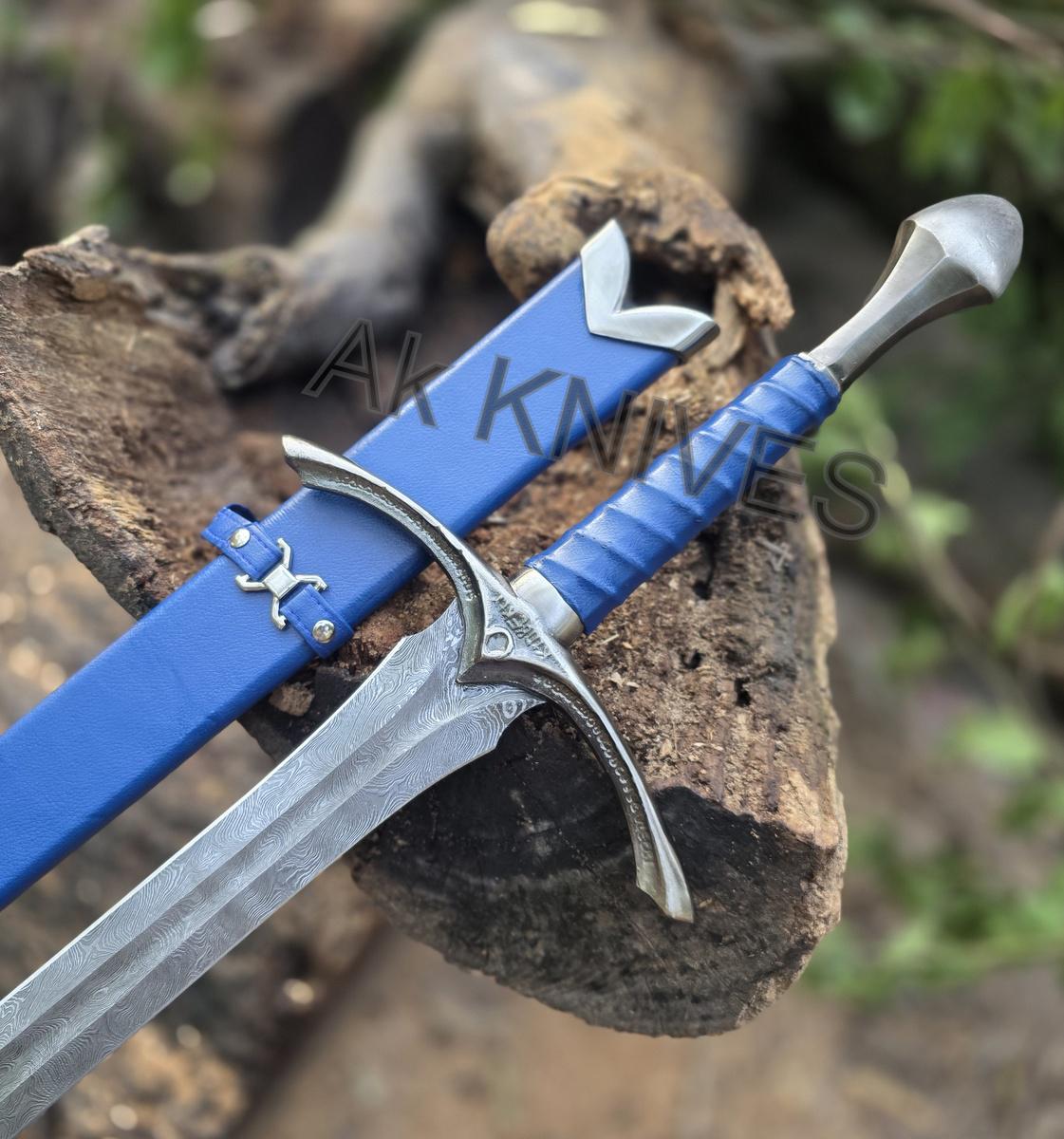 Handmade Damascus Steel Viking Sword: Blue Leather Grip With Scabbard ...
