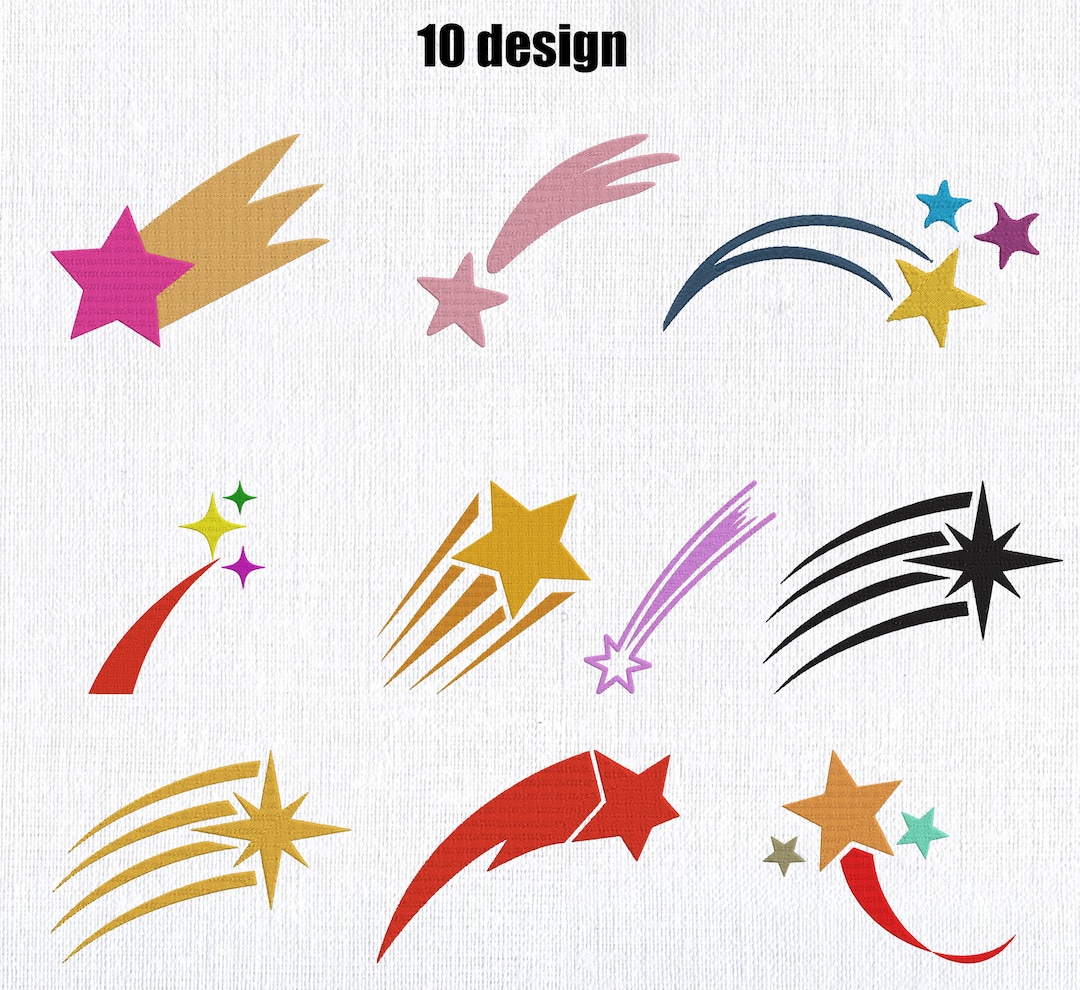 Shooting Star Embroidery Design Set – 10 Colorful Star Comet Machine ...