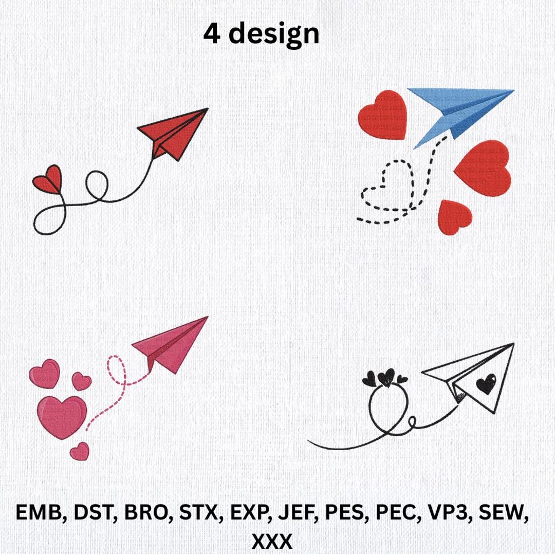 Love Paper Plane Embroidery Design Set – 4 Romantic Airplane Heart ...