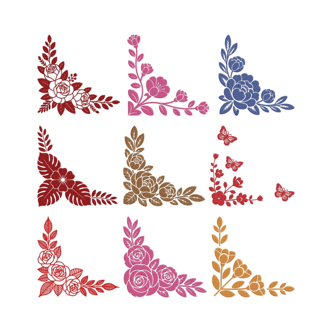 Floral Corner Embroidery Design, Floral Corner Machine Embroidery File ...
