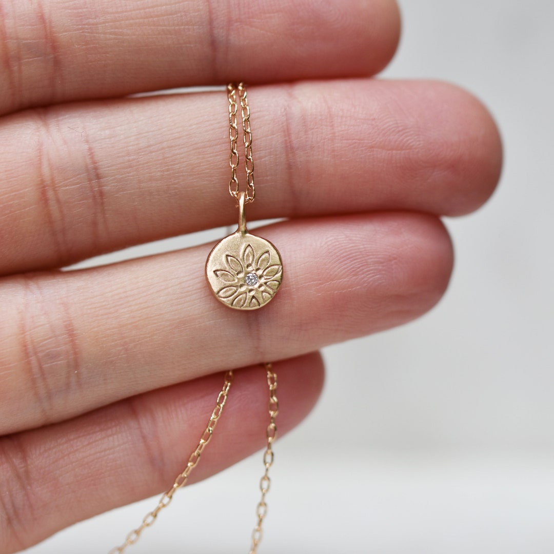 Solid Gold Diamond Daisy Charm, 14k Wildflower Coin Pendant, Small ...