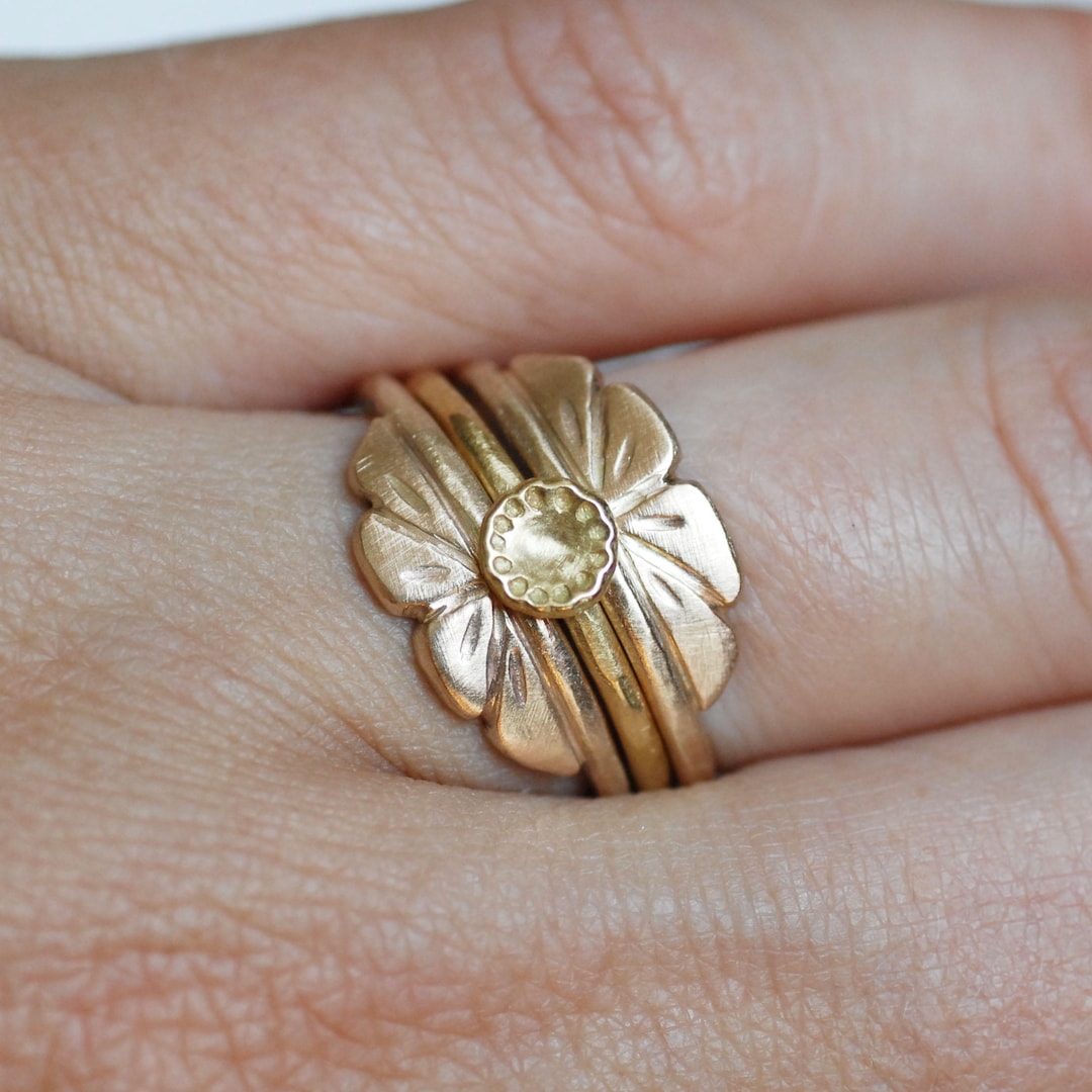 14k Gold Flower Ring Stack, Handmade Botanical Floral Rings, Set of 3 ...