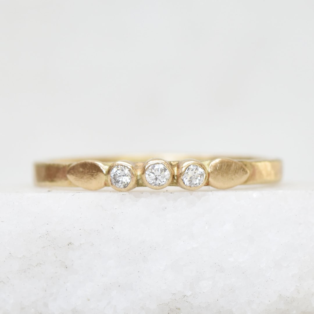 Tiny Petals Diamond Trio Ring, Real 14k Gold Diamond Ring, Skinny ...