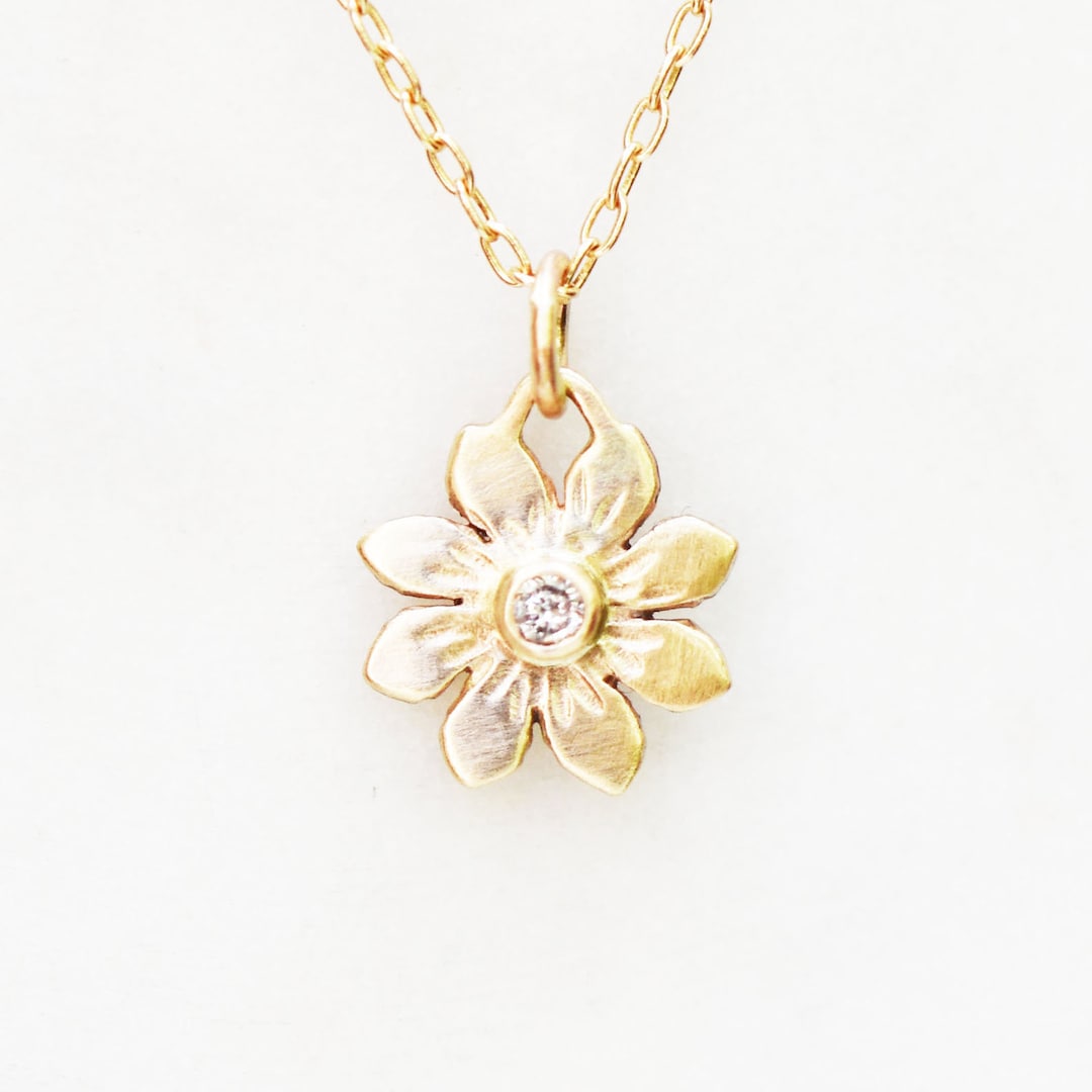 Gold Flower Necklace, Diamond Flower Charm Necklace, Solid 14k Gold ...