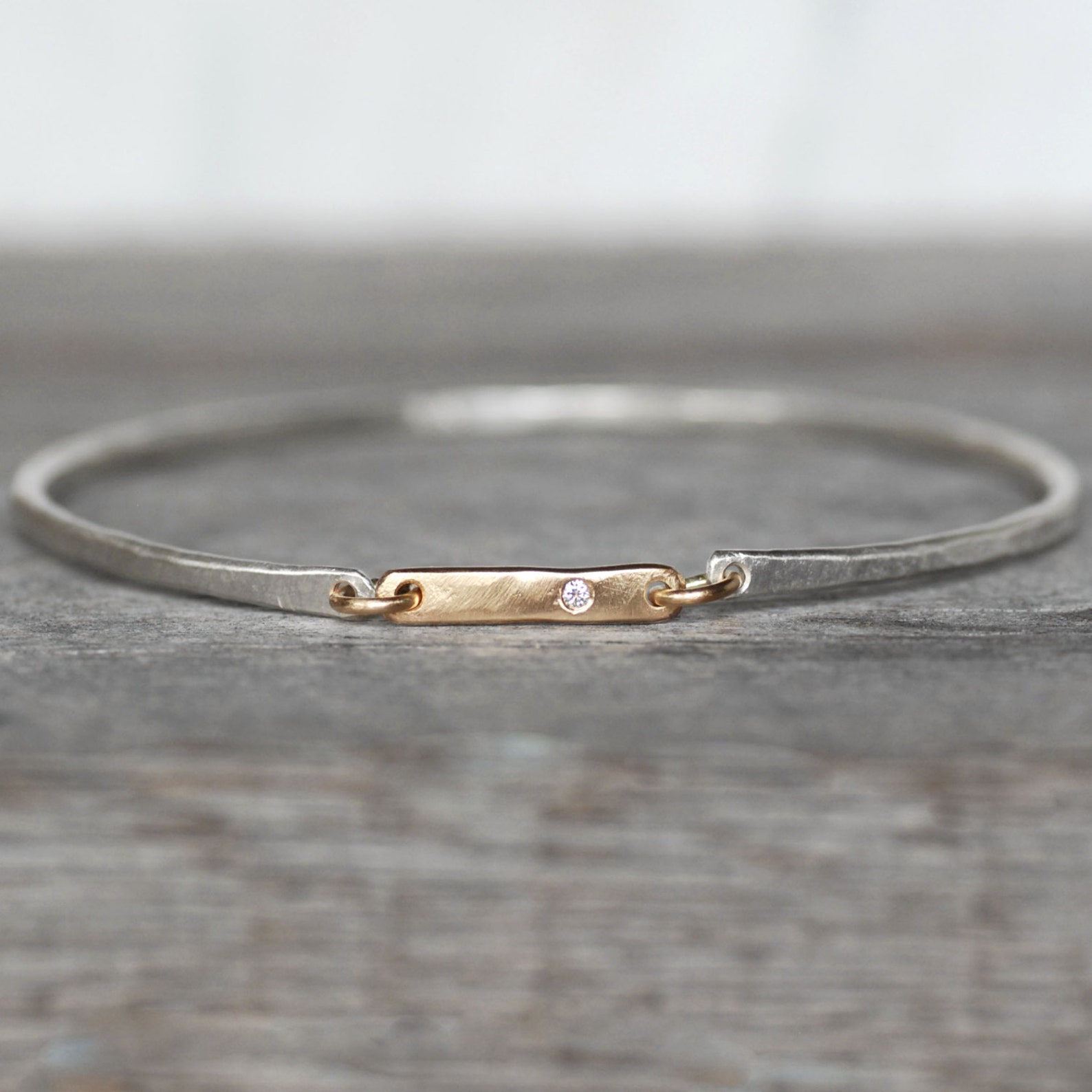 Diamond Bar Bangle, Sterling Silver & 14k Gold Minimalist Bracelet ...