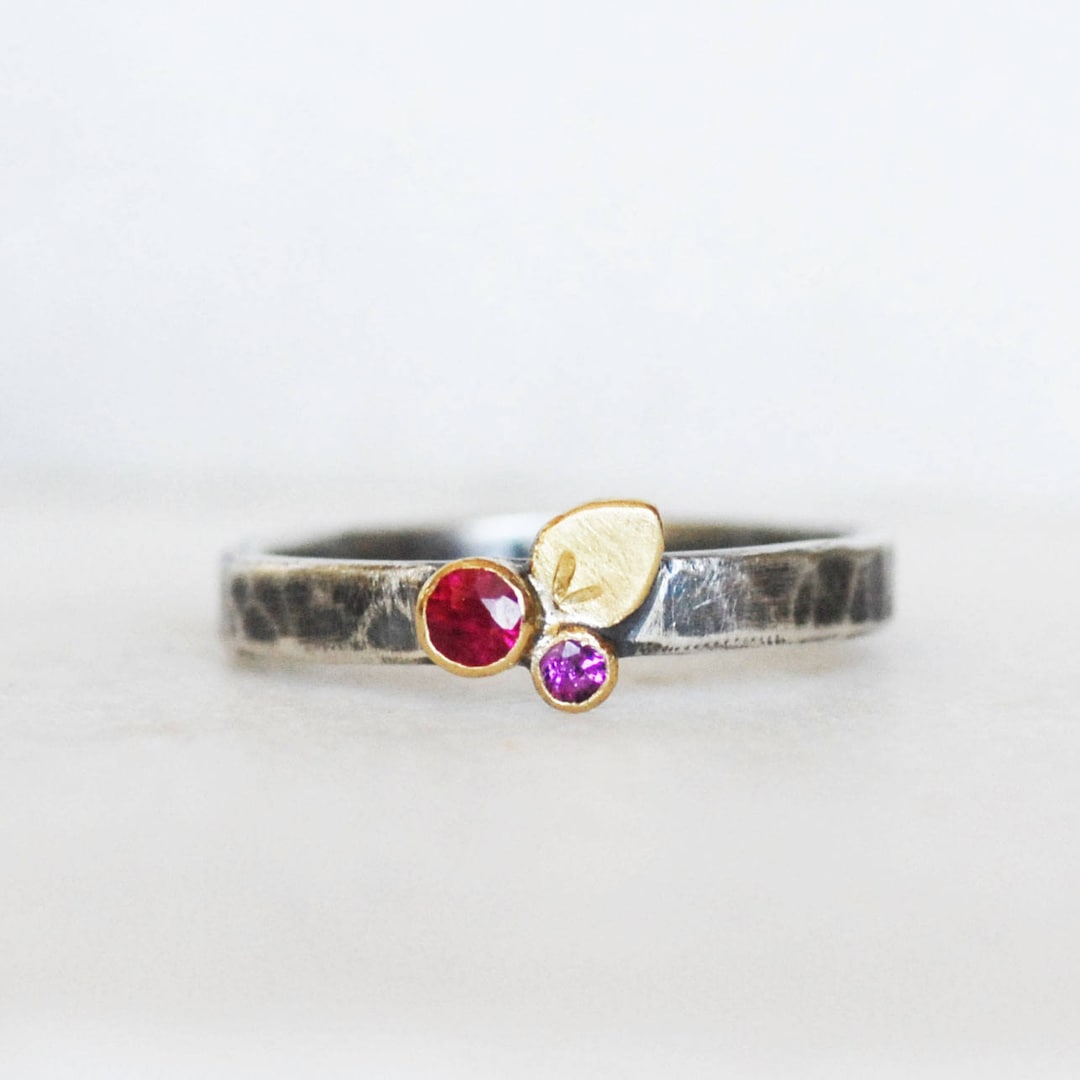 Ruby and Garnet Bloom Ring, SOLID 18k Gold and Sterling Stacking Ring ...