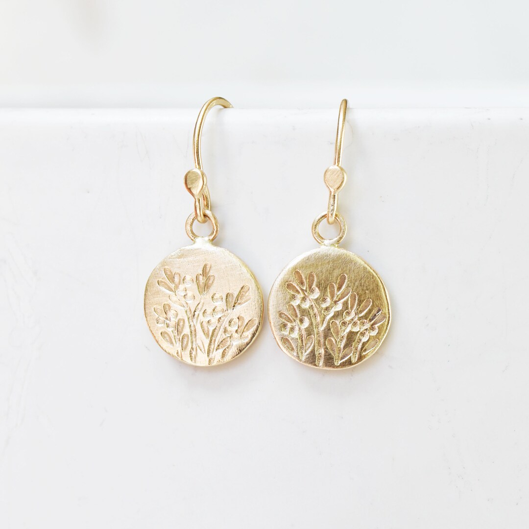 Solid 14k Gold Coin Earrings, 14k Gold Patterned Disc Dangle Earrings ...