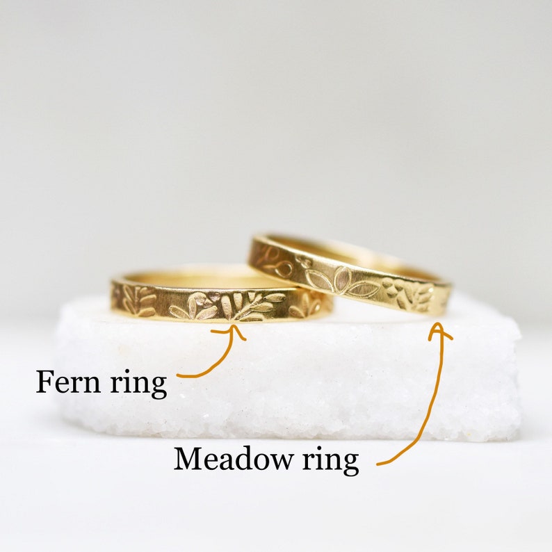 14k Gold Fern Wedding Band, Botanical Patterned Ring, 3mm Solid Gold ...