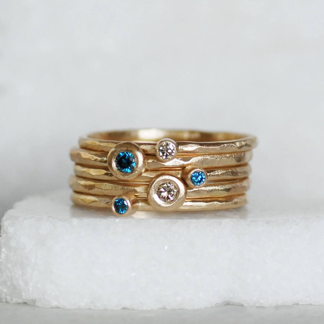 Diamond Stacking Ring Set of 5, SOLID Gold Stacking Rings, Blue and ...