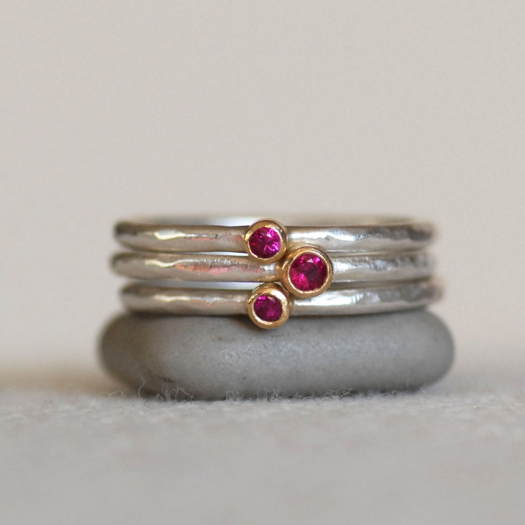 Tiny Ruby Ring Set, SOLID 18k Gold and Silver Stack Rings, Set of 3 ...